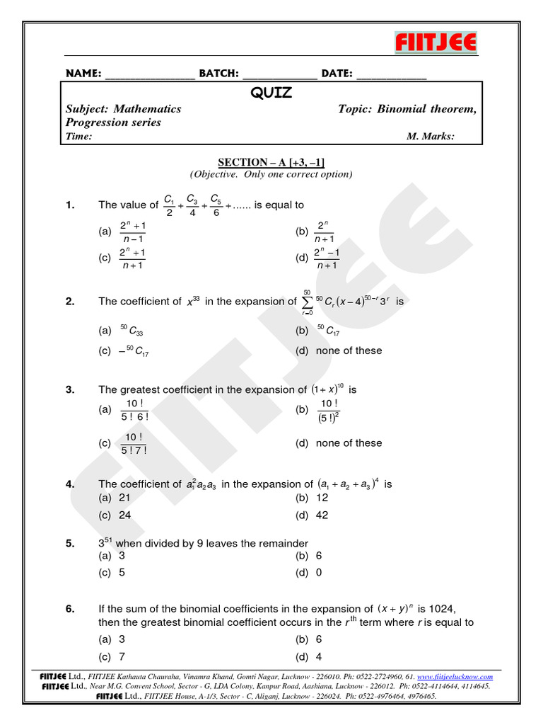 Mathematics Quiz Binomial Theorem Pdf Combinatorics Numerical Analysis