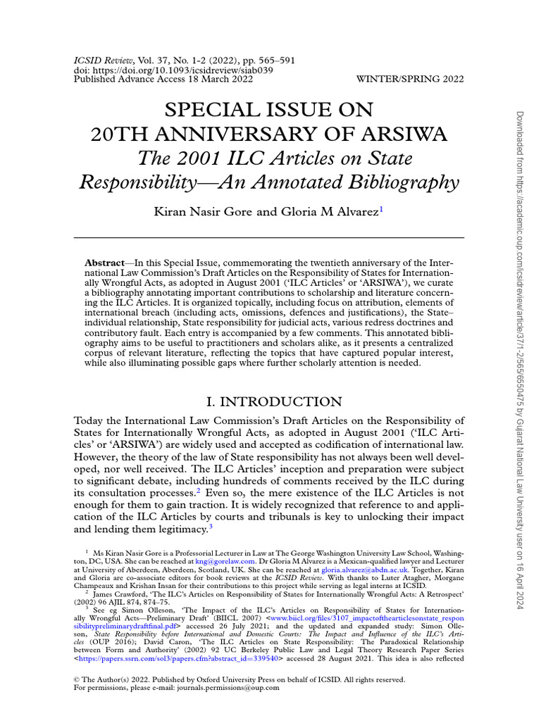 The 2001 ILC Articles on State Responsibility—An Annotated Bibliography ...