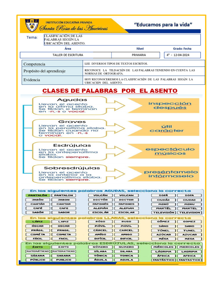 Taller de Escritura - Clases de Palabras Según El Acento #. - 11-04 ...