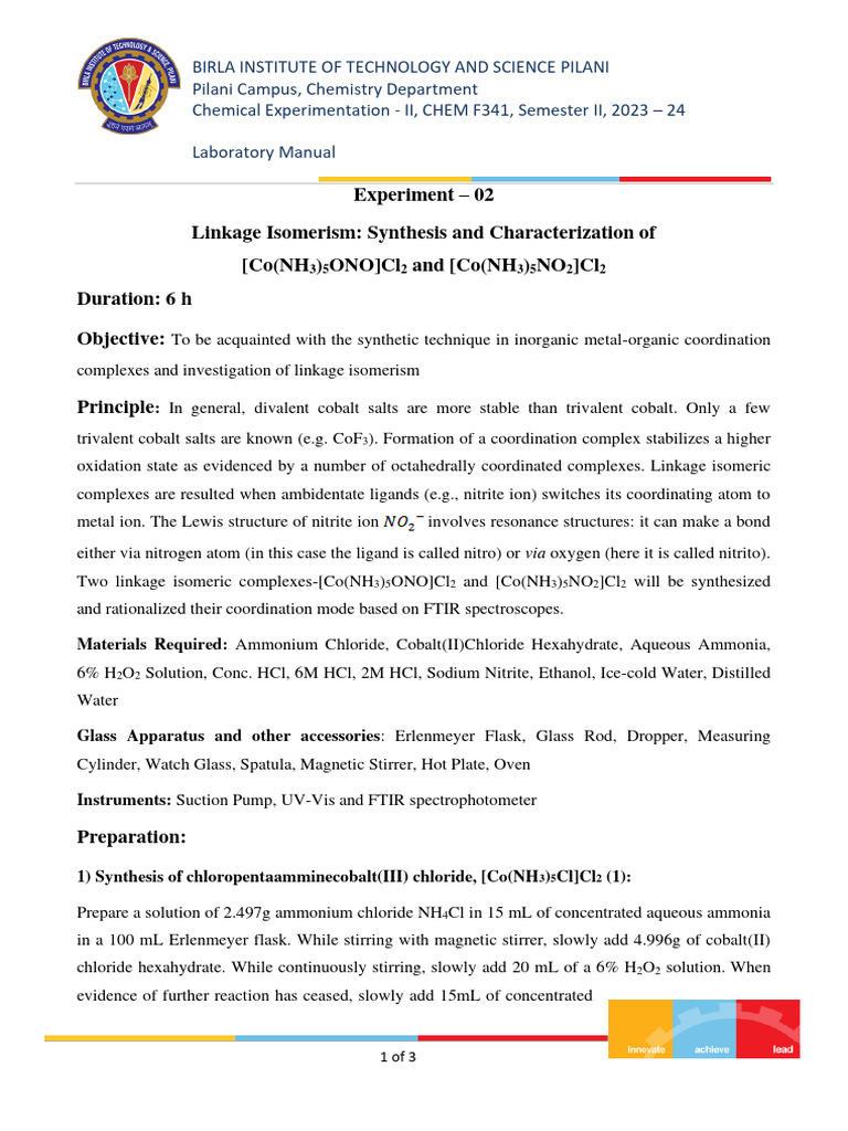 Expt02 - Linkage Isomerism | PDF | Ammonia | Coordination Complex