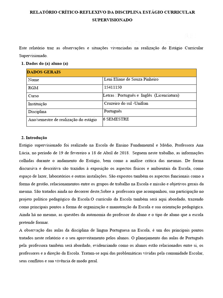 Relatorio de Portugues para Enviar Leni | PDF | Aprendizado | Pedagogia