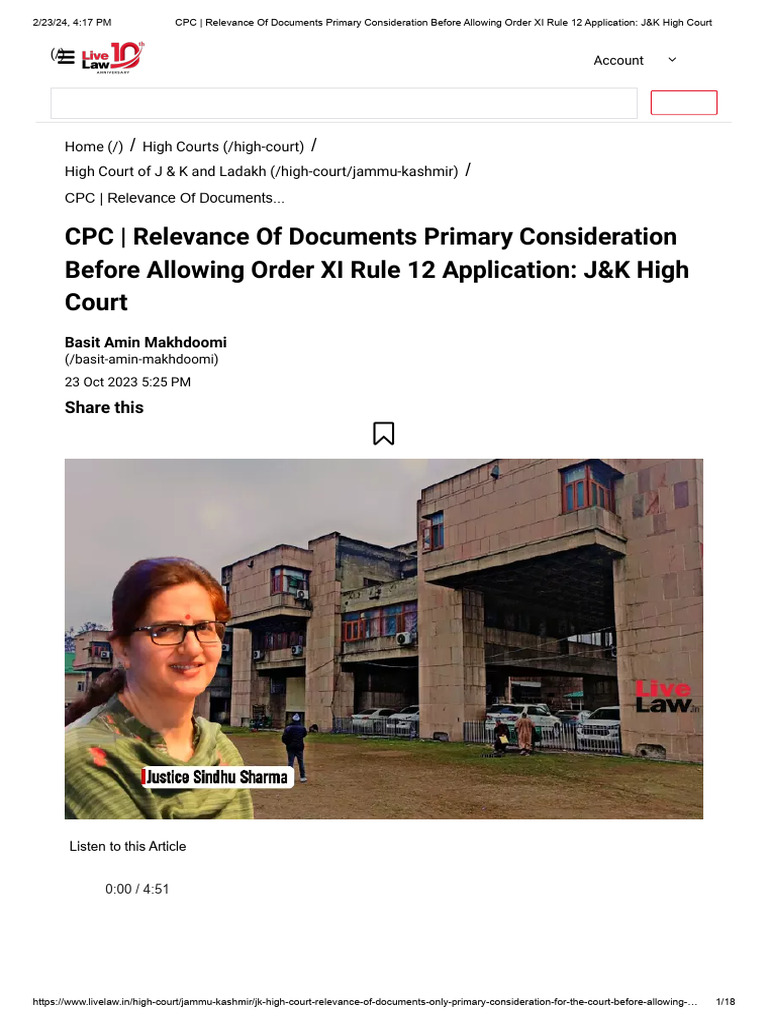 J&K High Court on Order XI Rule 12 CPC | PDF | Lawsuit | Judiciaries