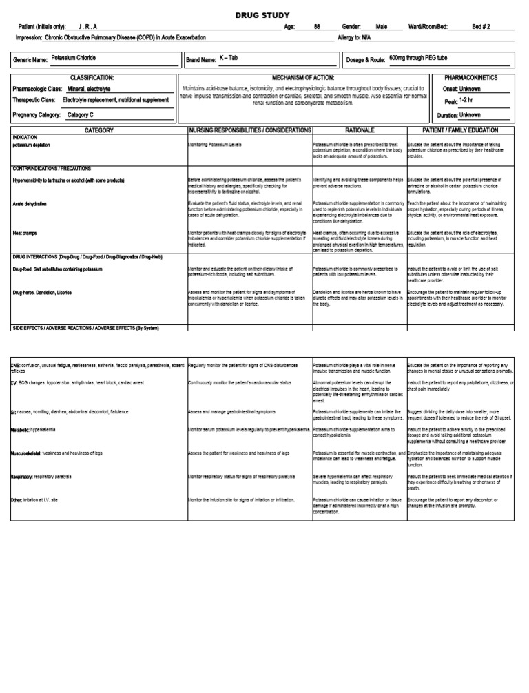 DRUG-STUDY - Potassium Chloride | PDF | Diseases And Disorders | Causes ...