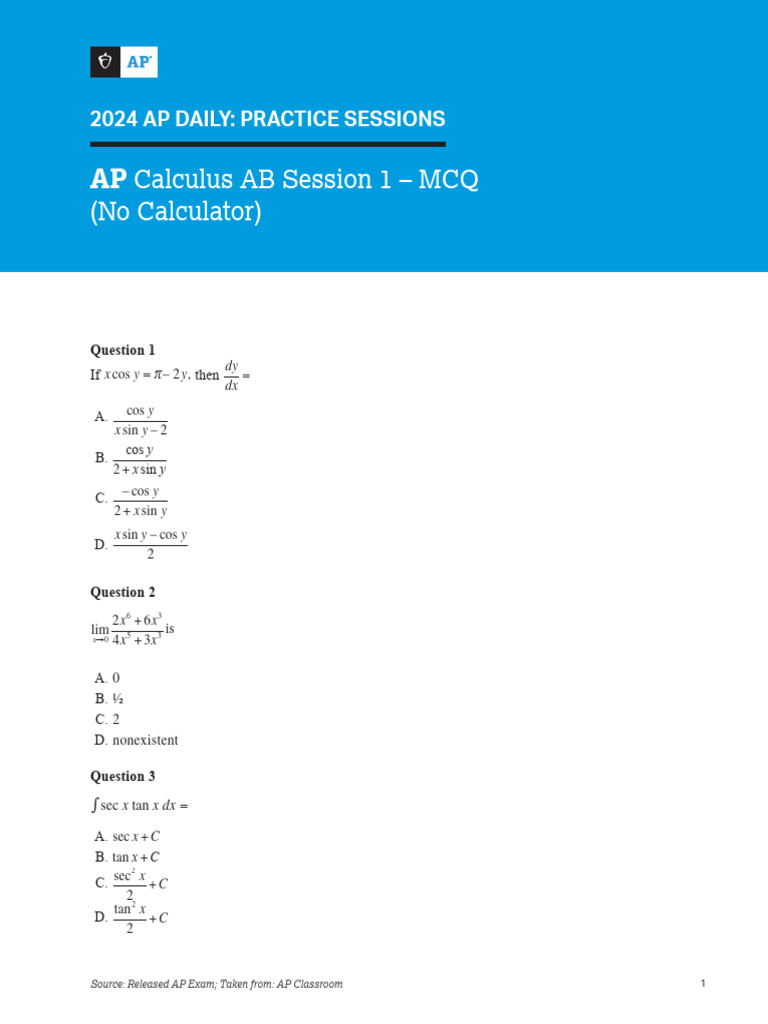 AP Calculus AB Practice Session 2024 | PDF | Teaching Methods ...