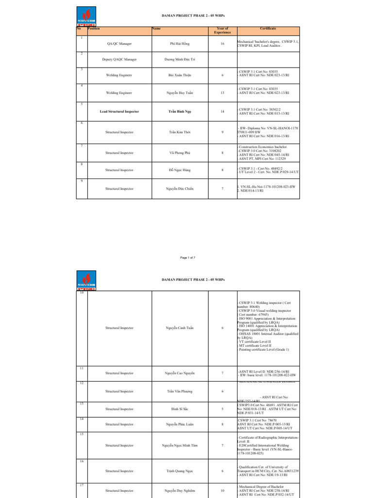 QAQC Inspector Matrix | PDF | Nondestructive Testing | Vietnam