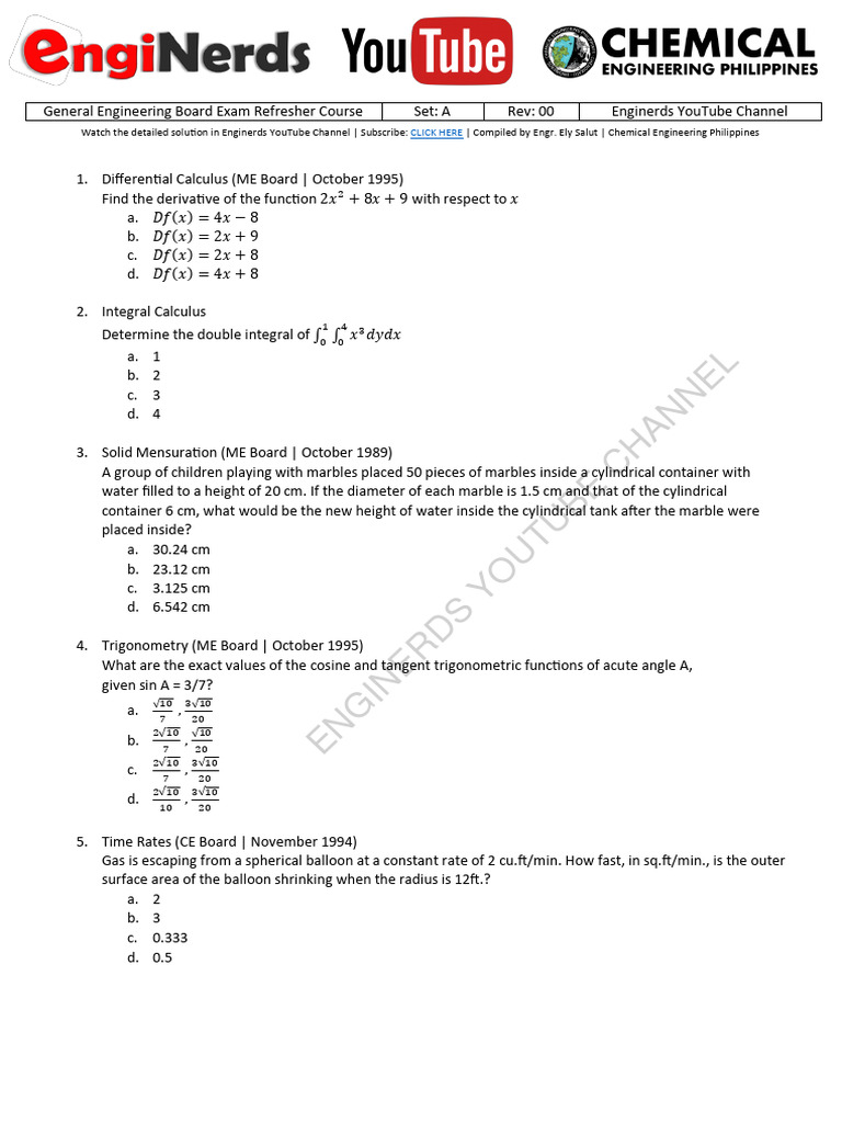 Set A - General Engineering Refresher | PDF | Trigonometric Functions | Mechanics