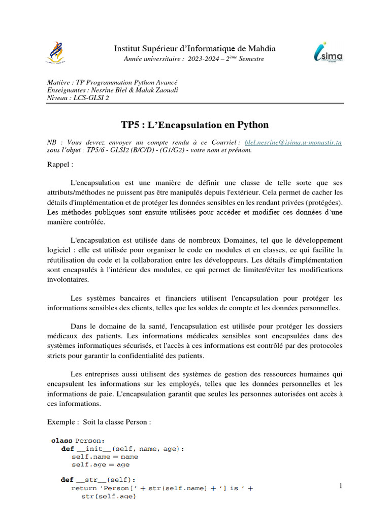 TP5 Encapsulation | PDF | Python (Langage de programmation) | Informatique