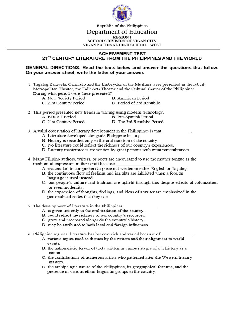 21ST CENTURY LIT Achievement Test | PDF | Educational Technology ... 21ST CENTURY LIT Achievement Test | PDF | Educational Technology ...