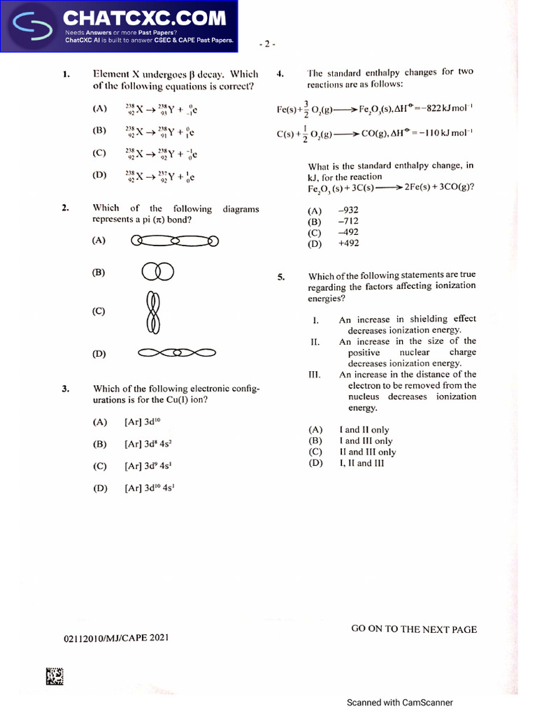 CAPE Chemistry U1 P1 2021 | PDF