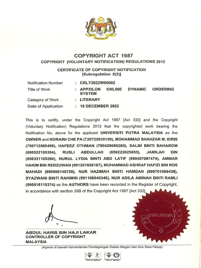 (Updated) Sijil Crly2022w06002 - Myipo Appxilon Copyright | PDF