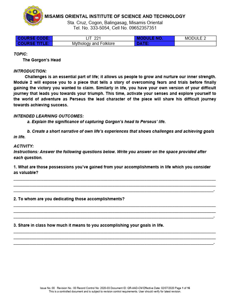 COURSE MODULE TEMPLATE LIT 221. No.2 | PDF | Medusa