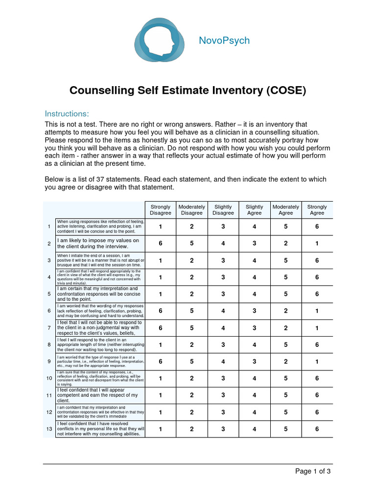 COSE Questionnaire | PDF | Counseling Psychology | Applied Psychology