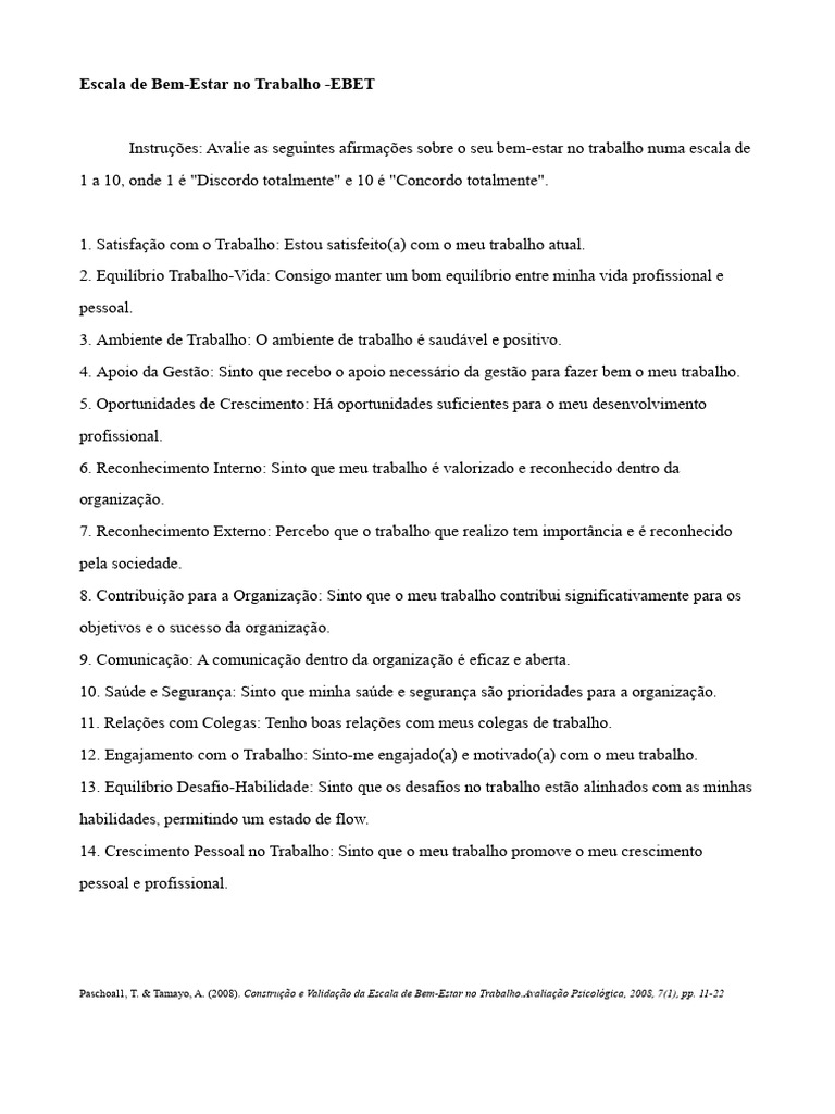 Escala de Bme-Estar no Trabalho (EBET) | PDF