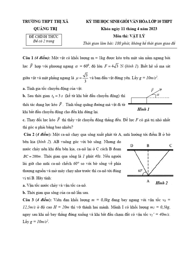 De Hoc Sinh Gioi Vat Li 10 Nam 2022 2023 Truong THPT Thi Xa Quang Tri | PDF