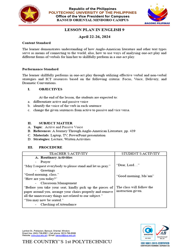 English 9 Lesson Plan: Active vs. Passive Voice | PDF | Subject ...
