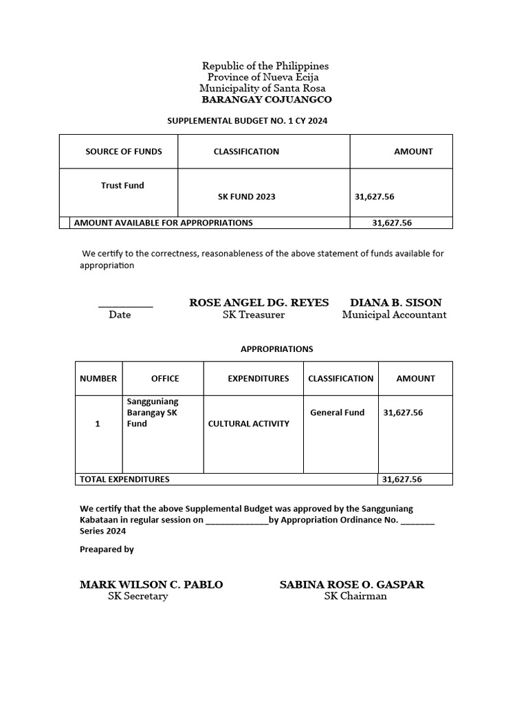SK Supplemental Budget No. 1 CY 2024 | PDF