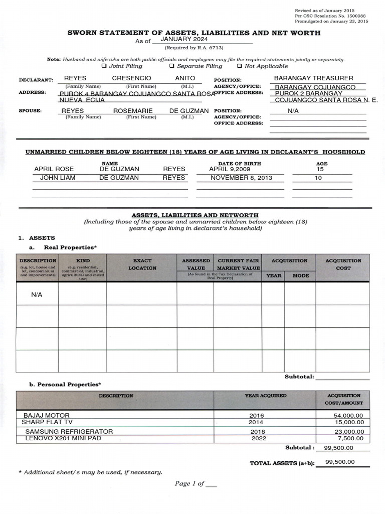 D.2015-SALN-Form | PDF | Net Worth | Business