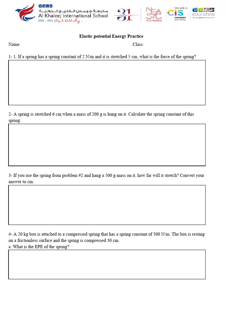 Elastic Potential Energy Practice | PDF | Science & Mathematics