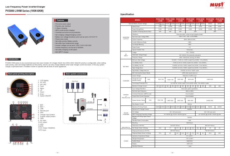INVERSOR HIBRIDO PV3000 LVHM 1KW-6KW Solar Inverter 110V MUST | PDF ...