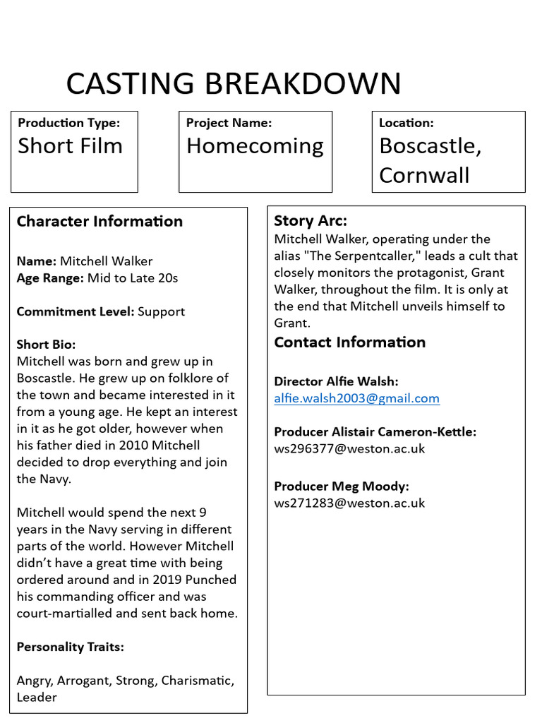 casting breakdown - mitchell walker 1 | PDF