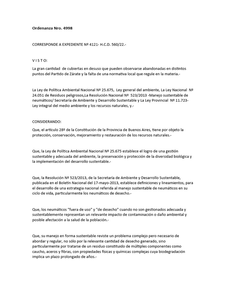 Ordenanza Nro 4998 | PDF | Neumático | Residuos