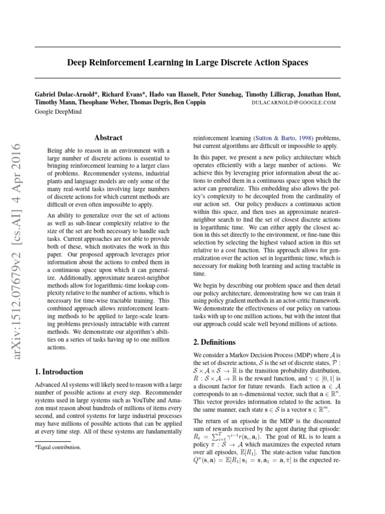 Deep Reinforcement Learning In Large Discrete Action Spaces Pdf Applied Mathematics