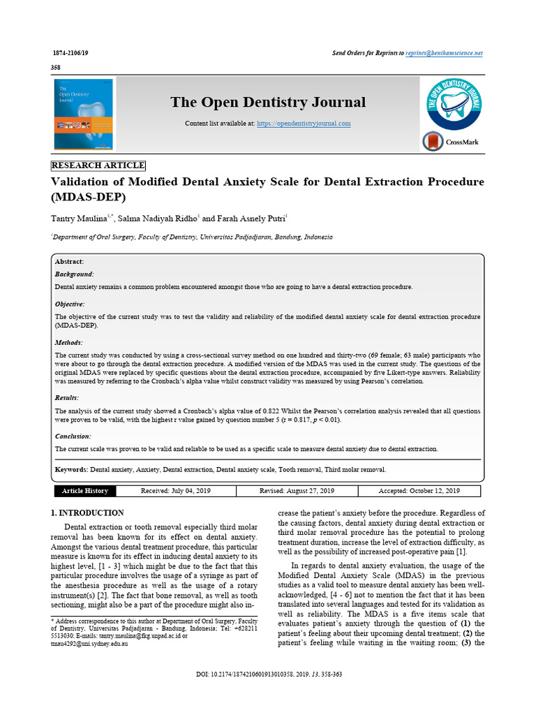 Validation of Modified Dental Anxiety Scale For Dental Extraction ...