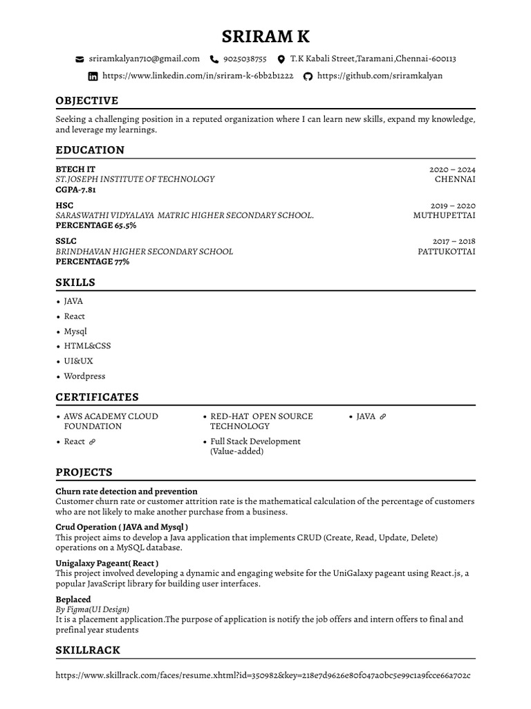 Sriram K: Objective | PDF | My Sql | Java (Programming Language)