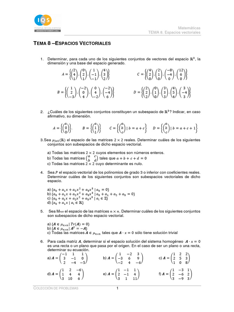 08 Espacios Vectoriales y Transformaciones Lineales - Colección de Problemas | PDF | Base ...