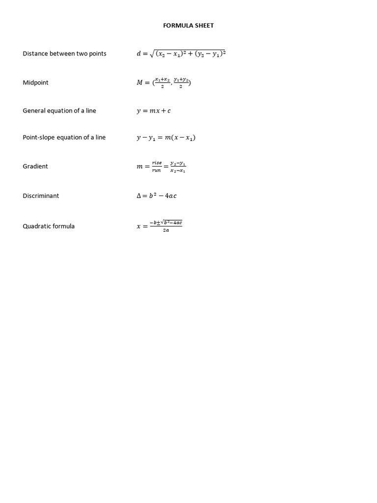 Linear and Quadratics Formula Sheet | PDF | Teaching Methods & Materials