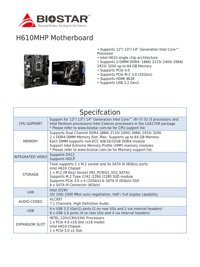 Biostar H610MHP Spec | PDF | Usb | Bios