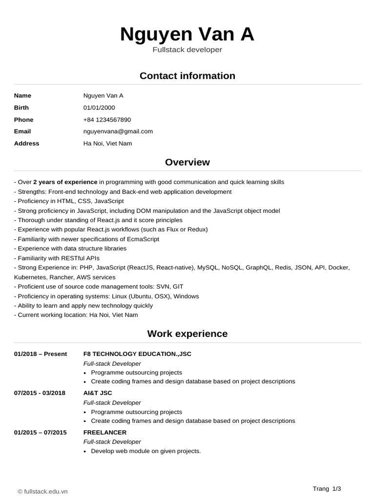 CV Nguyen Van A Fullstack Developer | PDF | Java Script | Software Architecture