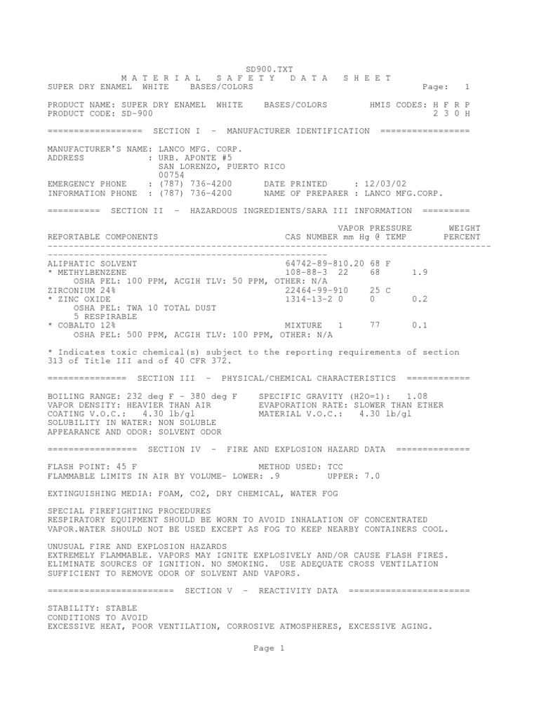 LANCO POLIURETANO MSDS-SuperDry Msds | PDF | Personal Protective ...
