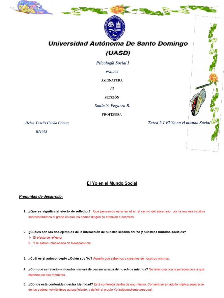Tarea 2.1 El Yo en El Mundo Social | PDF | Autoestima | Autoconcepto