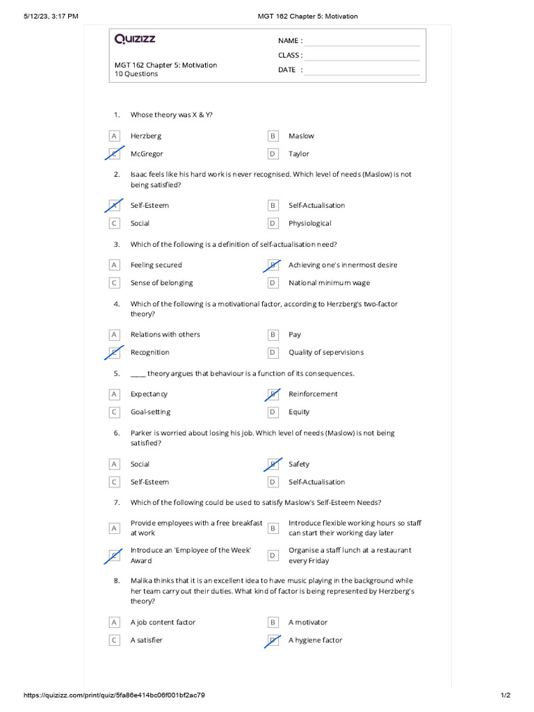 MGT 162: Chapter 5 Motivation Quiz | PDF | Motivational | Motivation
