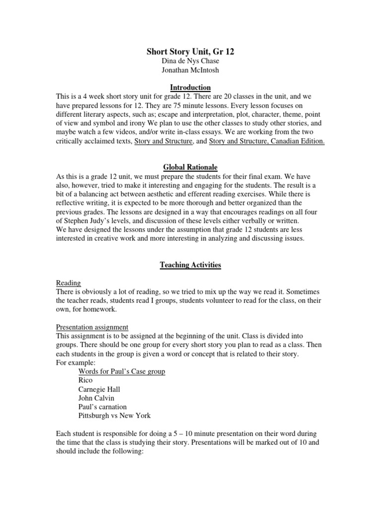 Grade 12 Short Story Unit Plan | PDF | Narration | Lesson Plan