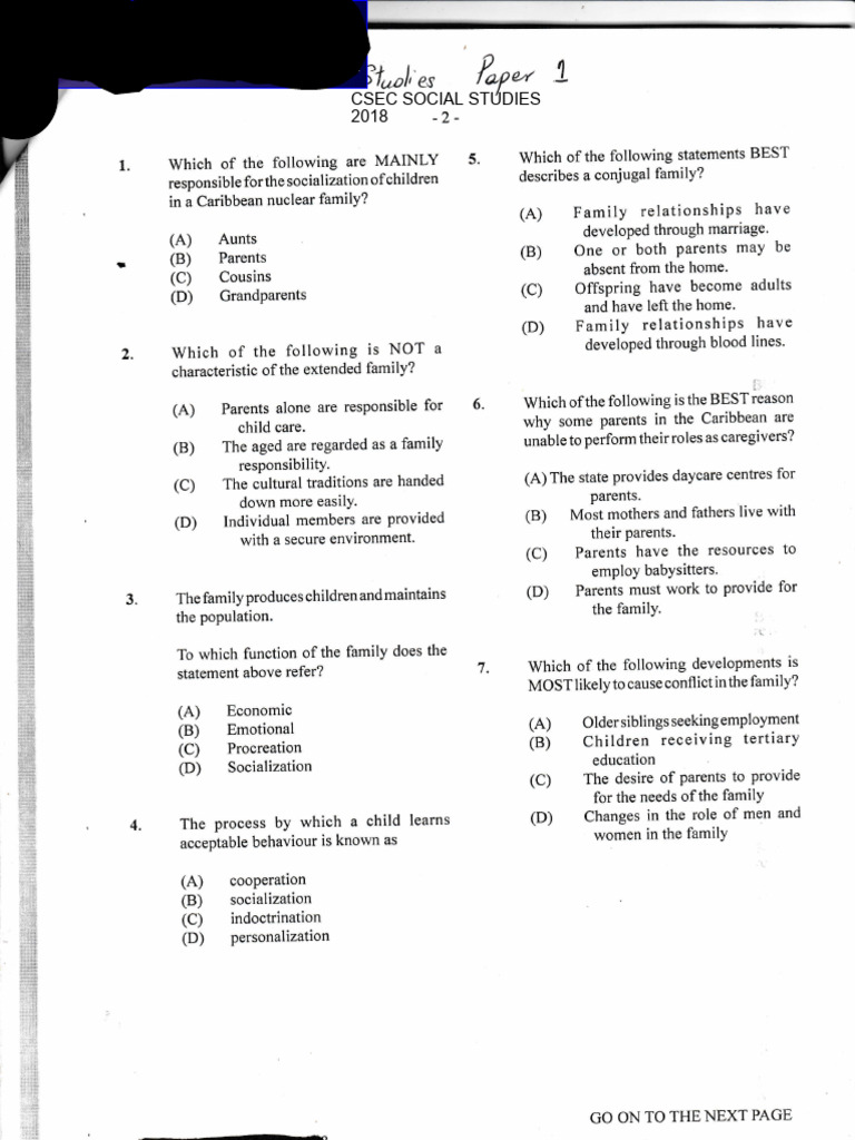 CSEC Social Studies P1 2018 | PDF | Family | Parent