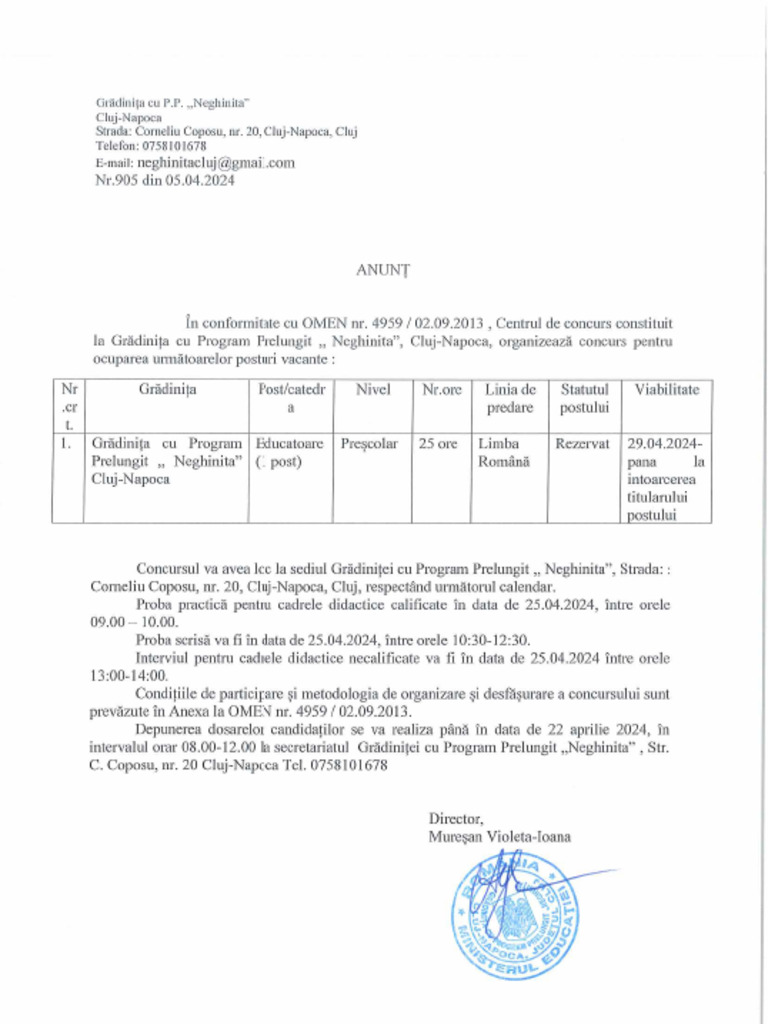 Anunt Concurs Gradinita Cu PP Neghinita Cluj Napoca | PDF