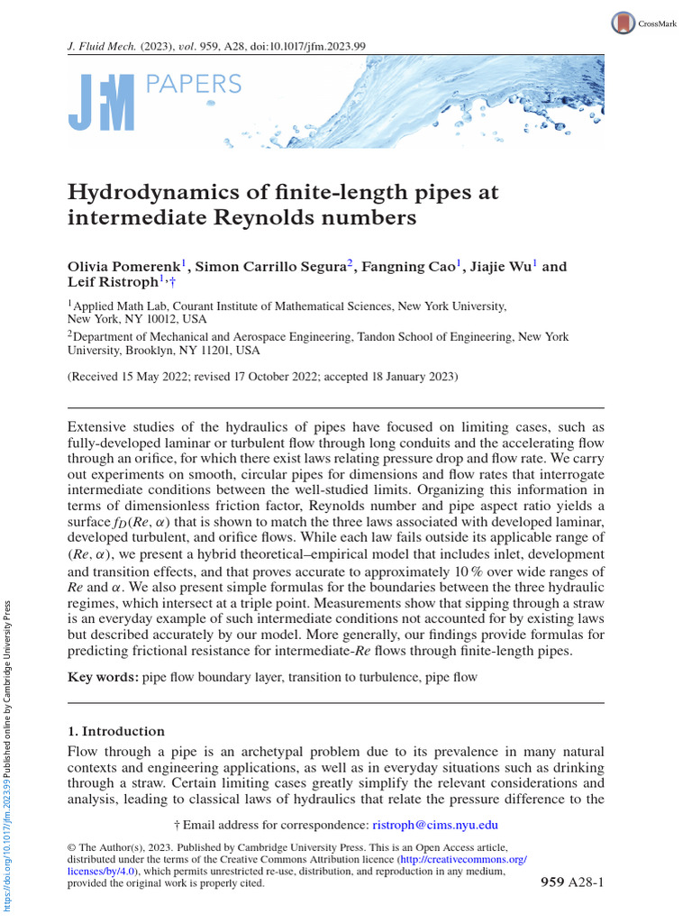 Hydrodynamics of Finite Length Pipes at Intermediate Reynolds Numbers | PDF | Reynolds Number ...