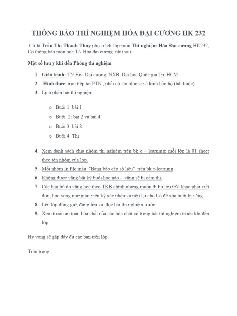 Thông Báo Thí Nghiệm Hóa Đại Cương Hk 232 | PDF