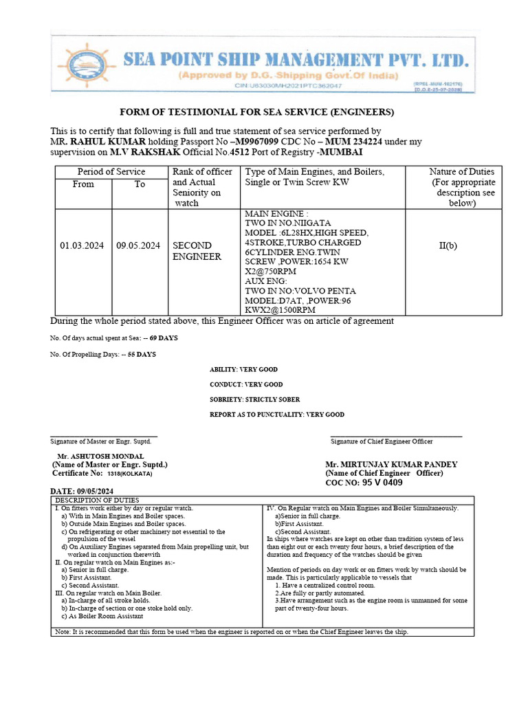 Testimonial Format - SECOND ENGINEER | PDF | Naval Ships | Engineering
