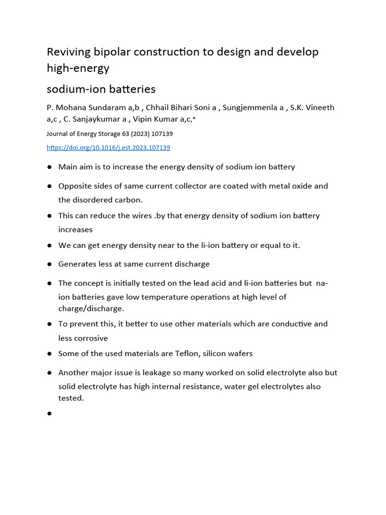 Bipolar Sodium-Ion Battery Design | PDF | Electrolyte | Electrochemistry