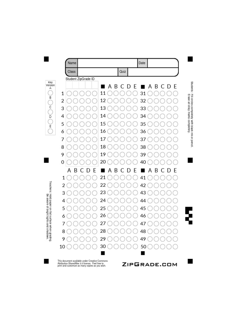 ZipGrade Quiz Answer Sheet Template | PDF | Stationery