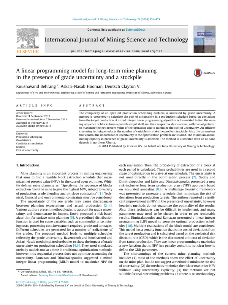 A Linear Programming Model For Long-Term Mine Planning - Koushavand Behrang | PDF | Mathematical ...