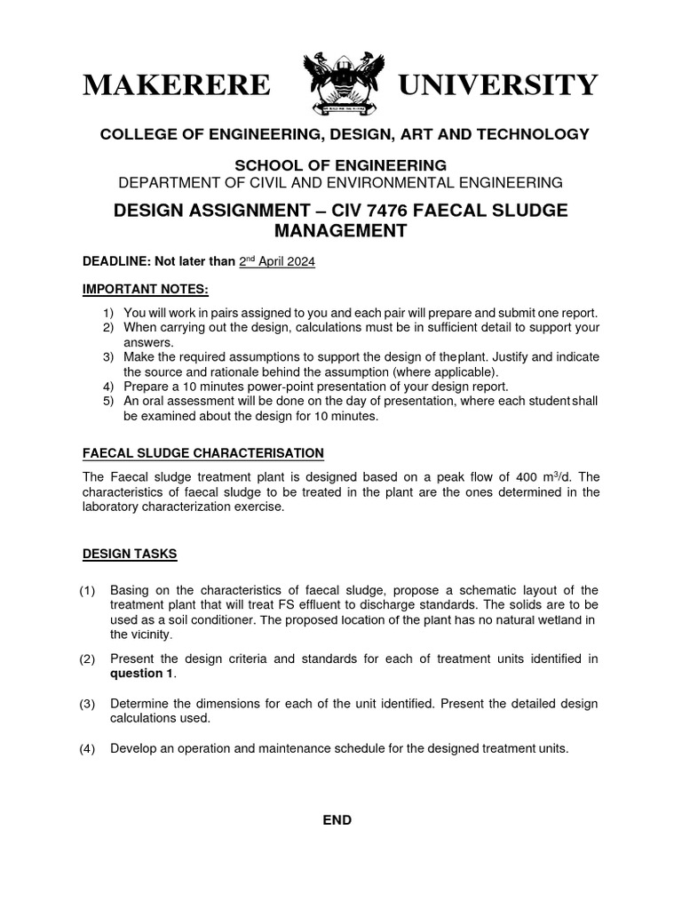 Faecal Sludge Design Assignment - March 2024 - Assignment No.5 | PDF