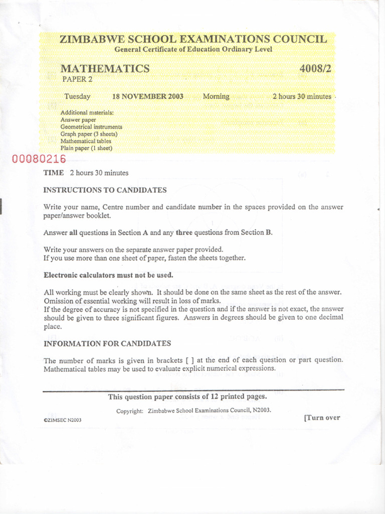 Zimsec November 2003 Maths Paper 2 | PDF