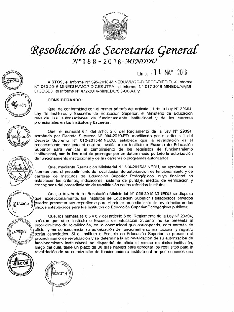 Texto De Rsg N° 188 2016 Minedu Normas Para Receso Y Cierre De Oficio De Iesp Y Carreras De