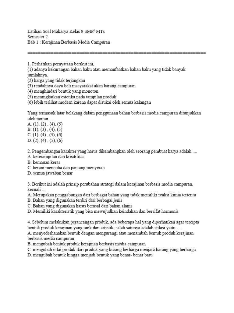 Latihan Soal Prakarya Kelas 9 SMP Bab I | PDF