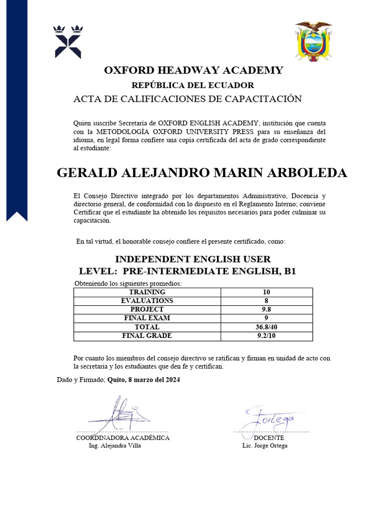 Acta de Notas B1 Gerald Marin | PDF