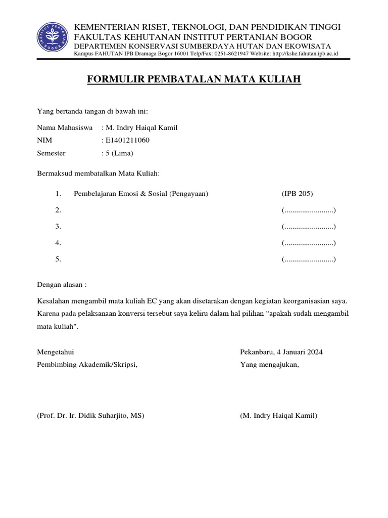 Formulir Pembatalan Mata Kuliah | PDF